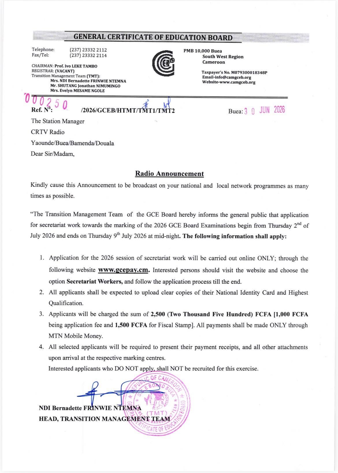 GCE Board Opens Online Applications for 2026 Secretariat Workers: No ...